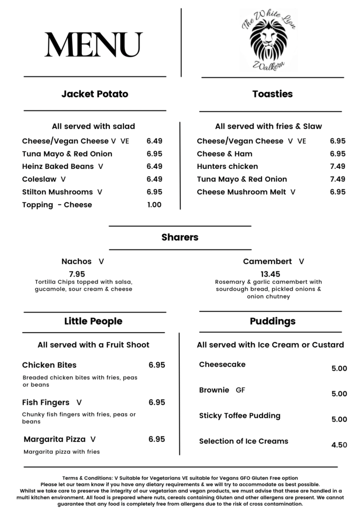 Menus - The White Lion