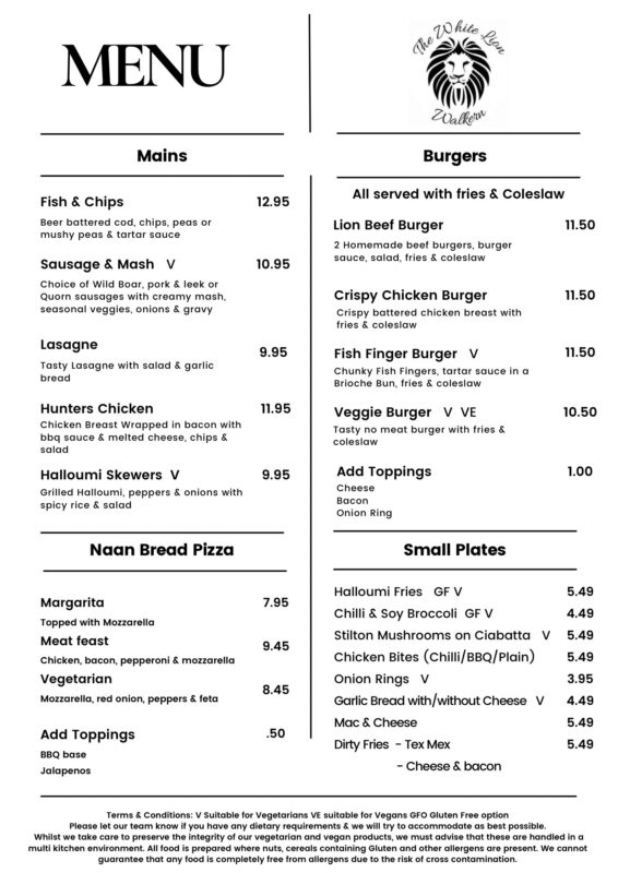 Menus - The White Lion