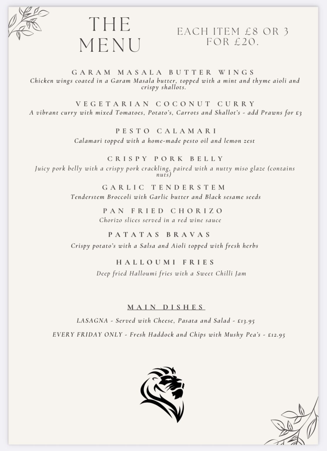 Menus - The White Lion