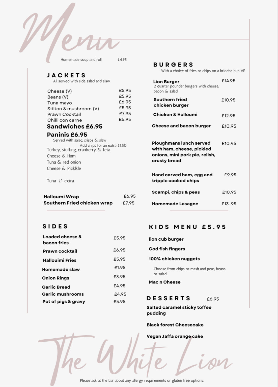 Menus - The White Lion