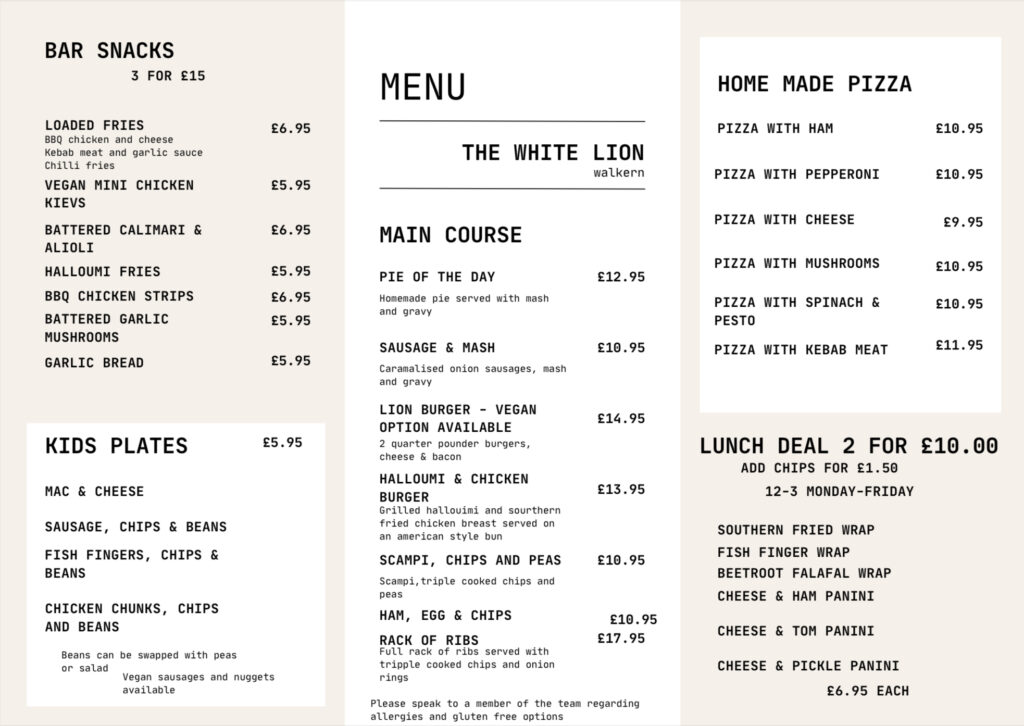 Menus - The White Lion
