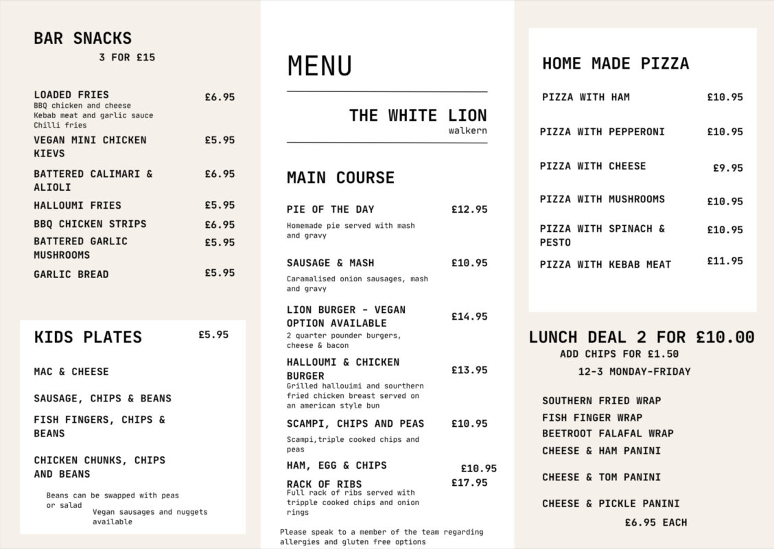Menus - The White Lion